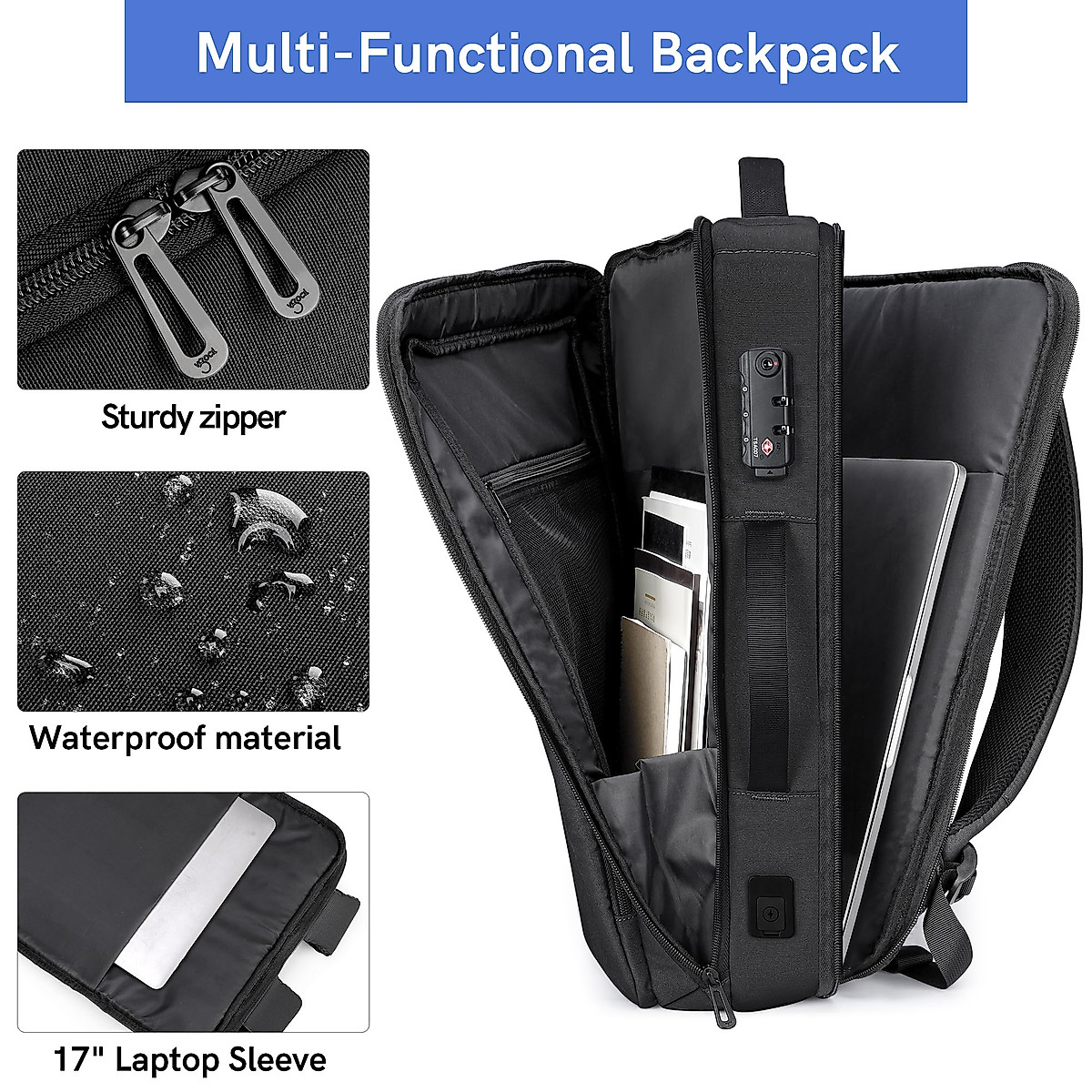 VGOAL 3 in 1 Laptop Backpack, 17.3 Inch Computer Bag Travel Casual Daypack Hiking Backpacks Lightweight Waterproof Backpack with USB Port for Men and Women (BLACK)