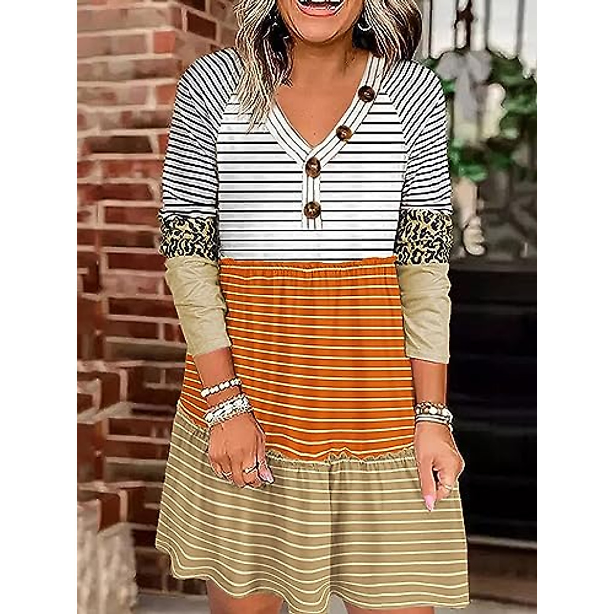 Women Casual Long Sleeve Tunic Dress Cute Button V Neck Swing Babydoll Flowy Tiered Mini Ruffles Dresses Loose Leopard Striped Color Block