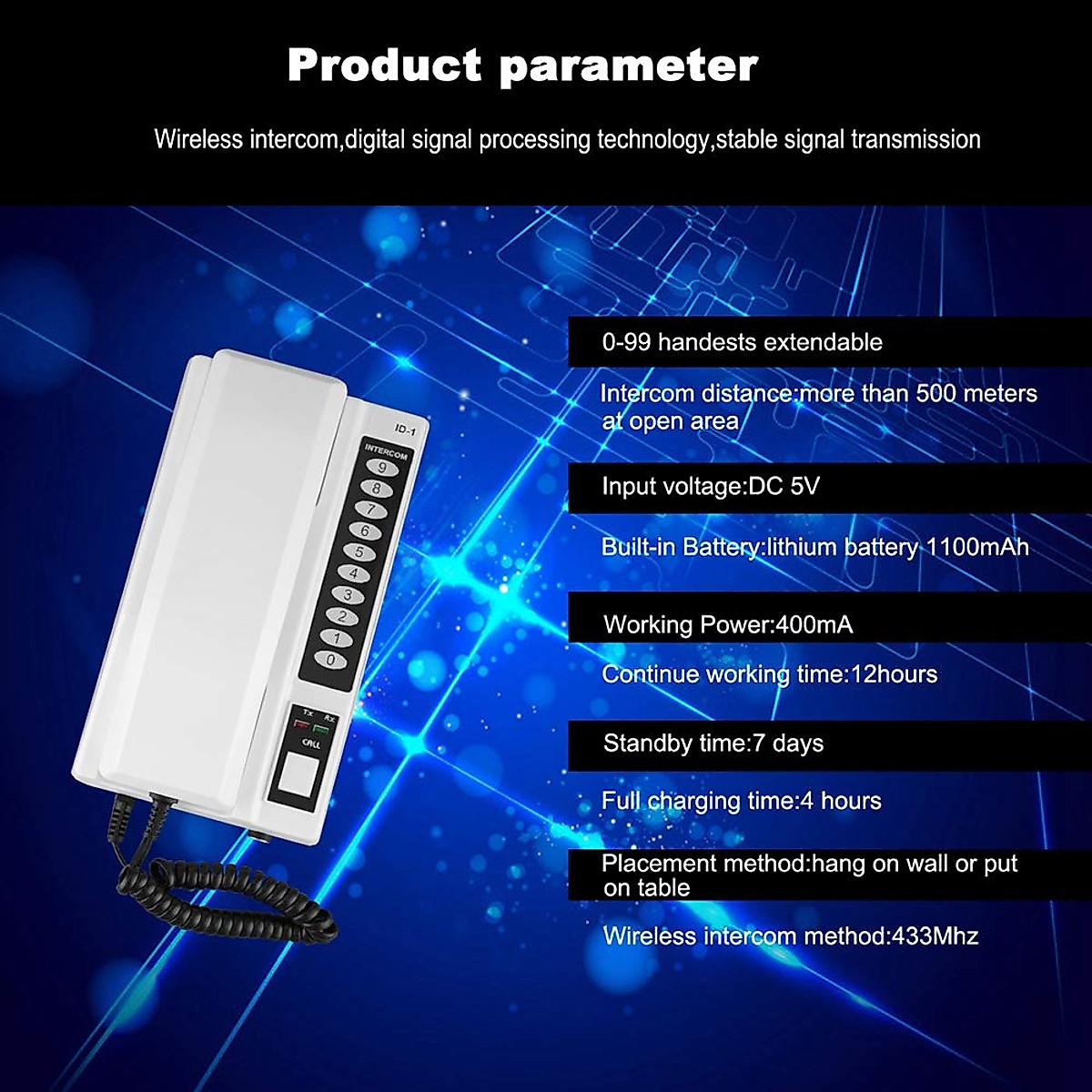 Telephone Intercom, 433Mhz Wireless Intercom System Calling Intercom Secure Interphone Handsets Extendable for Warehouse Office