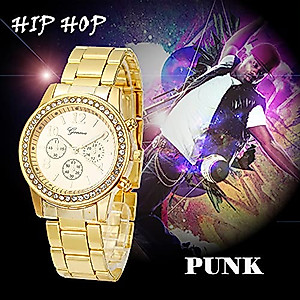 JewelryWe Luxury Mens Dress Watch, Stainless Steel Bling Rhinestones Accented Quartz Wrist Watches - Gold, for Xmas