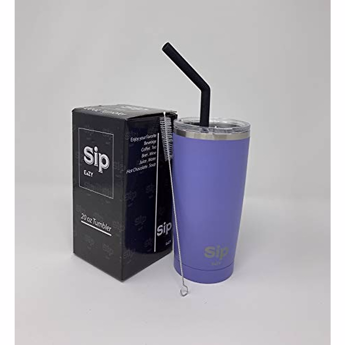 PURPLE 20OZ Perfect Size INSULATED DRINK MUG TUMBLER & SPILL PROOF LID - WINE BEER COFFEE TEA & Much More HOT for up to 6 Hours or cold for 24 HOURS - FREE Silicone Straw & Straw Cleaning Brush -
