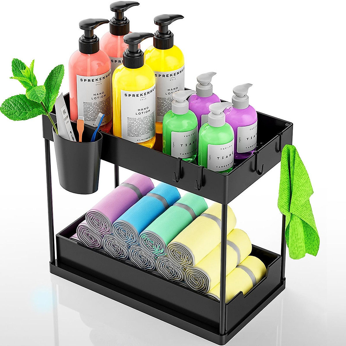 GORLDE Under Sink Organizers and Storage,2 Tier undersink organizers with Pull Out Sliding Drawers,Multi-purpose Bathroom Kitchen Under Cabinet Organizer with Hooks Hanging Cup,Black