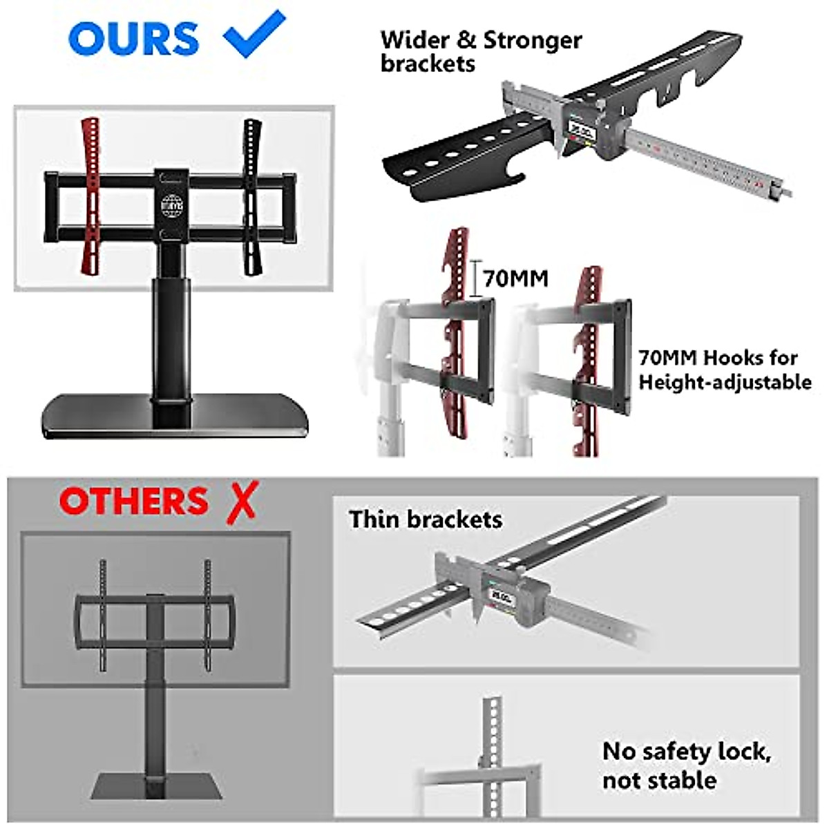 FITUEYES Universal TV Stand, Swivel TV Table Stand for 32-65 70 75 Inch Flat Screen, Table Top TV Stand Base Replacement, Height Adjustable TV Mount Stand with Glass Base, Max Holds 88lbs