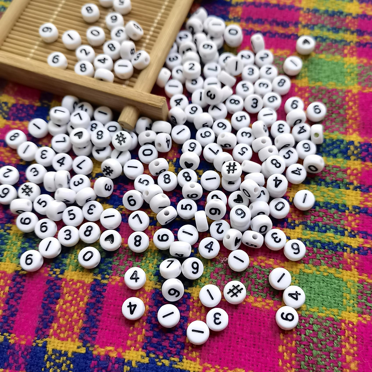 Amaney 500pcs Number Beads 7x4mm 0-9 Heart # White Acrylic Plastic Round Shape Loose Beads