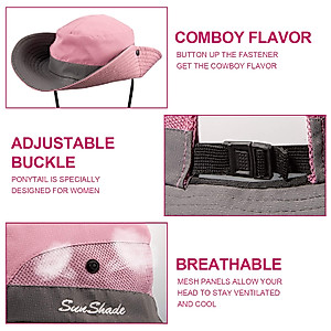 Norme 2 Pieces Women's Outdoor Sun Hat UV Protection Foldable Mesh Wide Brim Beach Fishing Cap Ponytail(Watermelon Red, Pink)