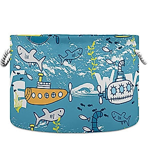 visesunny Funny Submarine Shark Blue Laundry Baskets Fabric Storage Bin Storage Box Collapsible Storage Basket Toy Clothes Shelves Basket for Bathroom,Bedroom,Nursery,Closet,Office