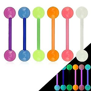 6 Pc Glow in The Dark Bioflex Barbells Tongue Nipple Rings 14G 5/8" No Metal