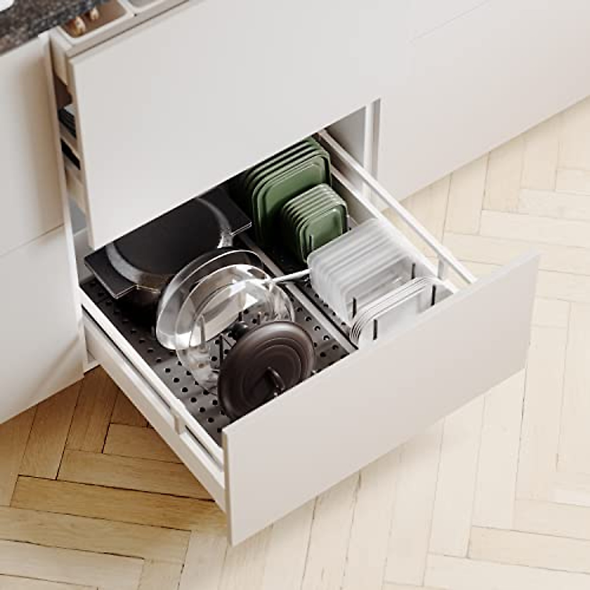 Umbra Peggy Kitchen Cupboard, Shelf and Drawer Organizer Tray - Adjustable Storage System For Food Containers, Cookware, Serveware, Utensils and More (Set of 2)