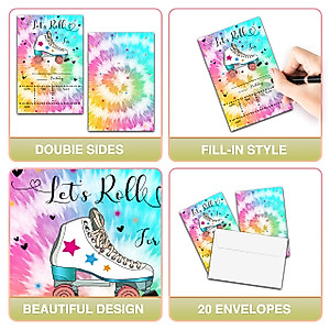 Skating Birthday Invitations with Envelopes - Roller Skate Party Invitation Card for Kids - Tye Dye Fill-in Invites Cards - Let's Roll Party Celebration(20 Pack) -08