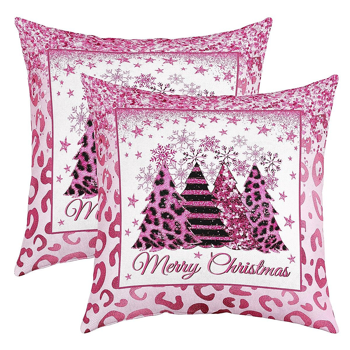 Pink Christmas Trees Throw Pillow Covers 24x24 Inch Set of 2 Leopard Print Glitter Stars Pillow Cases for Kids Teens Adults Winter Snowflake Decor Girly Cushion Covers for Bedroom Sofa RV