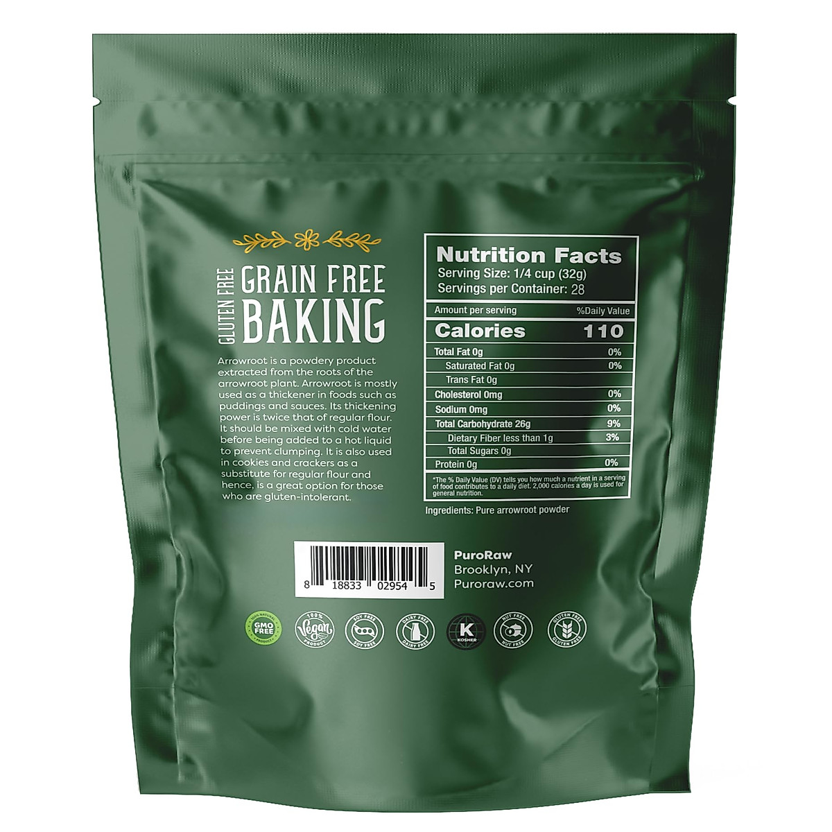 Arrowroot Starch Powder, 2lb Gluten Free, Pure Arrow Root, Paleo, Non-GMO, Batch Tested, Product of Thailand, 2 Pounds, By PuroRaw