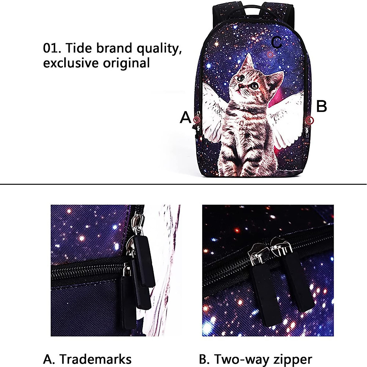 Galaxy Cat Printed School Backpack Lightweight Shoulder Bag for Teen Girls Blue