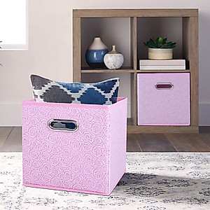ANMINY 3PCS Storage Cubes Set Romantic Rose Print Large Storage Bins Boxes Baskets Non-Woven Fabric with Handles Desktop Closet Shelf Foldable Organizer Container for Home Office 11"x 11"x 11" - Pink