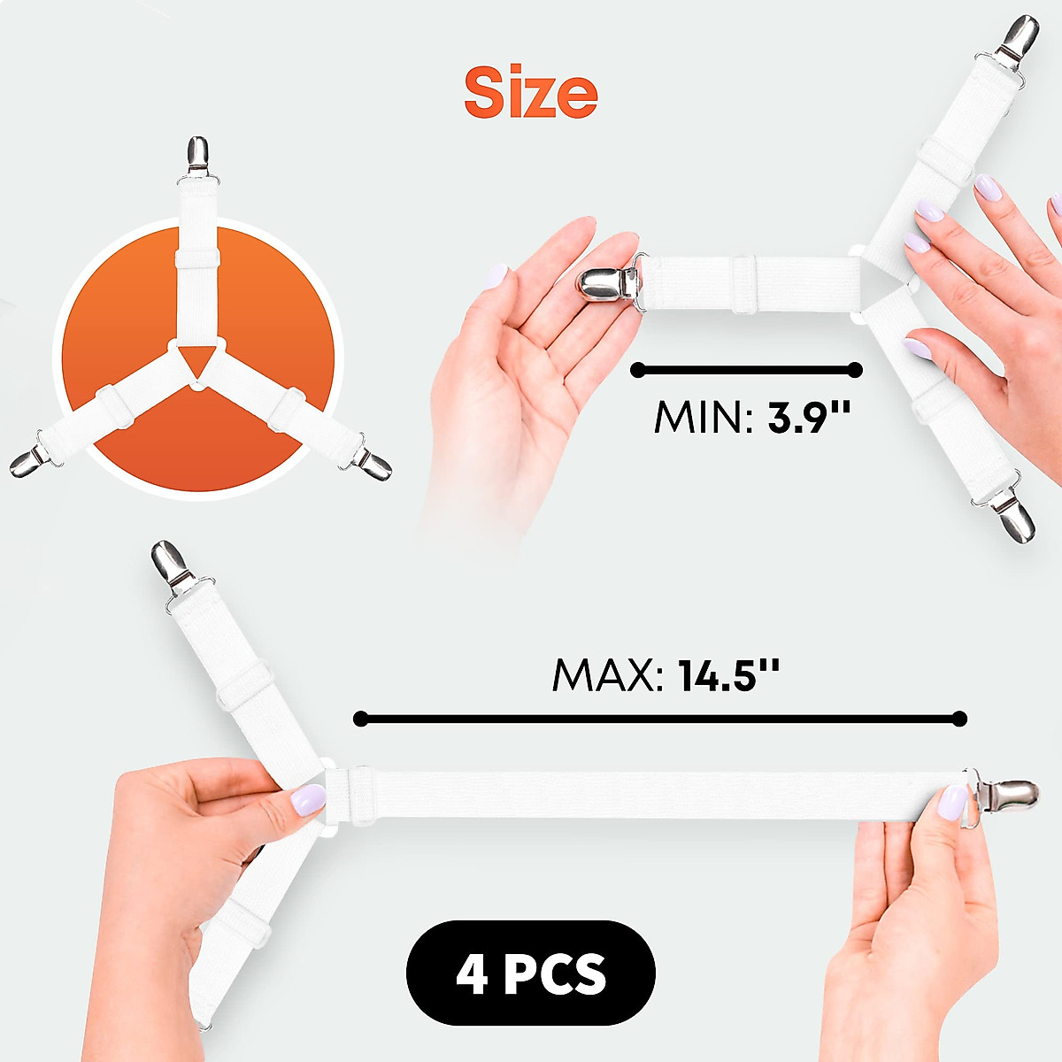 5 STARS UNITED Bed Sheet Straps Set, Elastic Fasteners with Metal Clips, Sheet Holders for Corners, Fitted Sheet Clips to Hold Sheets in Place, Bed Sheet Clips with Adjustable Bed Bands (8 Pcs White)