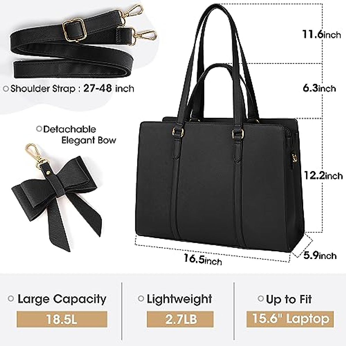 NUBILY Laptop Bag for Women 15.6 inch Laptop Tote Bag Waterproof Leather Computer Bag Lightweight Womens Briefcase Professional Business Office Work Bag Large Capacity Handbag Shoulder Bag Black