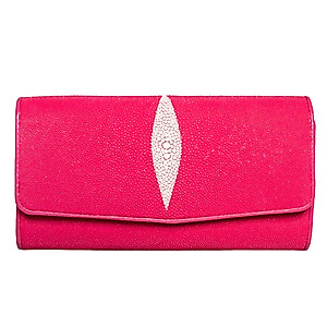 Genuine Stingray Skin Exotic Leather Zip Clutch Purse Long Snap Wallet Organizer (Hot Pink)