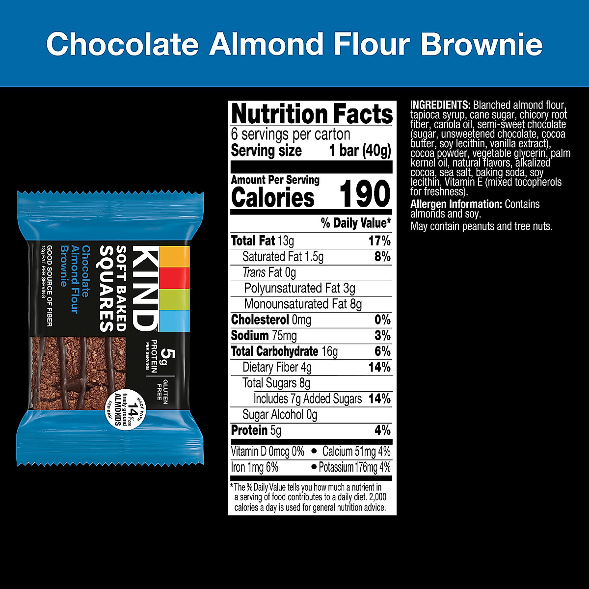 KIND Soft Baked Squares, Chocolate Almond Flour Brownie, 6 count