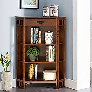 Leick Home 82263 Mantel Height 3 Shelf Corner Bookcase with Drawer Storage, Mission Oak, Brownbronze