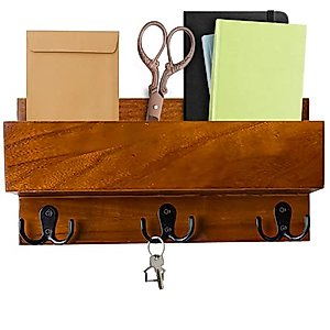 Comfify Modern Mail Sorter Organizer for Wall with 3 Double Key Hooks - Wooden, Wall Mount Mail Holder Organizer – Modern Farmhouse Wall Décor for Entryway, Made of Paulownia Wood - Brown