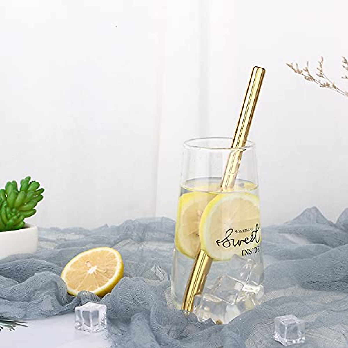 7 Pcs 8.5" Reusable Boba Drinking Straws 304 Stainless Steel Straws Set with 2 Cleaning Brushes Wide Metal Straw for Bubble Tea Milkshakes Smoothie Bar Accessory (Gold)