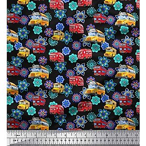 Soimoi Cotton Poplin Black Fabric - by The Yard - 42 Inch Wide - Artistic Floral & School Bus Transport Kids Fabric - Creative and Educational Patterns for Kids' Apparel Printed Fabric