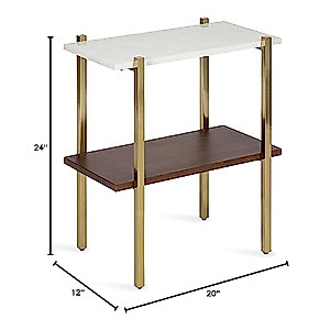 Kate and Laurel Abcott Midcentury Side Table, 20 x 12 x 24, Walnut Brown and Gold, Decorative Two-Tier Bedroom Nightstand Table with Genuine Marble Tabletop