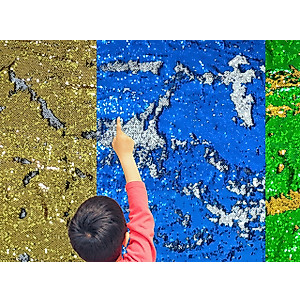 Sensory Wall Sequin Flip Fabric for Kids,0.2" Large Sequins Sensory Graffiti Fabric for Toddlers,Calming Corner Tactile Items Reversible Fabric (Half yd (18"*49"), Sapphire Blue + Silver)