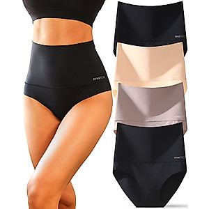 FINETOO Tummy Control Underwear for Women High Waisted Nylon Brief No Show Womens Bikini Seamless Panties 4pack S-XXXL