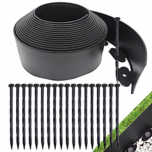 Landscape Edging Border No Dig, Plastic Edging for Landscaping, Garden Edging Border,Lawn Edging,Garden Borders,Flower Bed Edging,Rubberific Landscape Edging, (Plastic Stakes, Black-33Feet-Tall Wall)