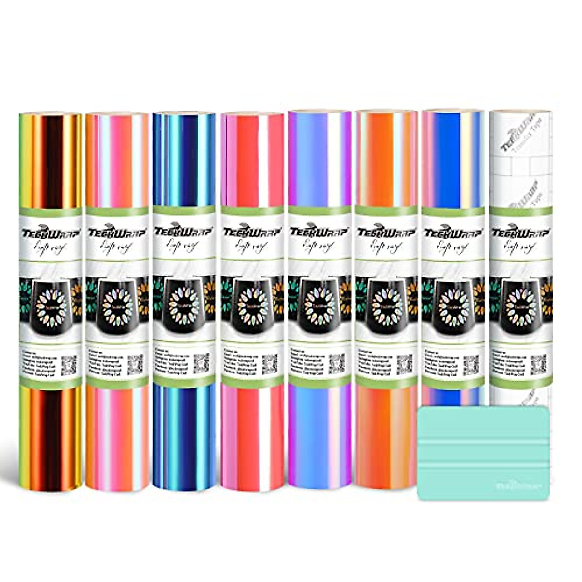 TECKWRAP Opal Chrome Holographic Adhesive Vinyl Bundle 12" x 60"/Rolls for DIY Craft, Arts (Opal White,Green Malachite,Peacock Blue,Beige Orange, Hyacinth Blue,Yellow Pink,Hot Pink)