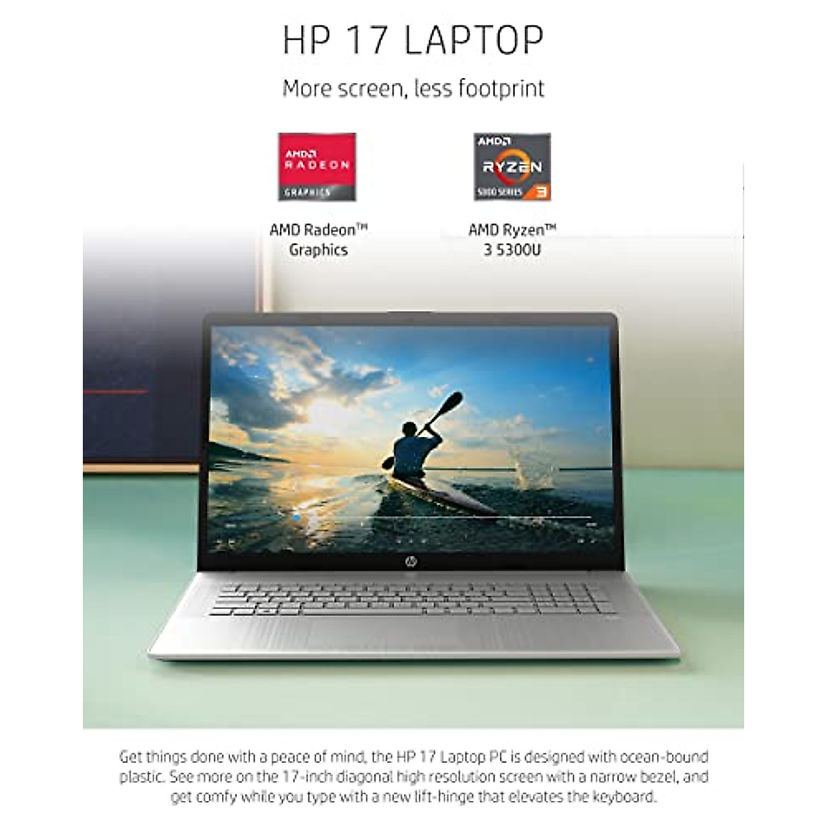 HP 17 Laptop PC, AMD Ryzen 3 5300U, 4 GB RAM, 256 GB SSD, 17.3" HD+ Display, Windows 11 Home, Wi-Fi & Bluetooth Combo, Long Battery Life, HD Webcam, Custom-Tuned Speakers (17-cn0020nr, 2022)