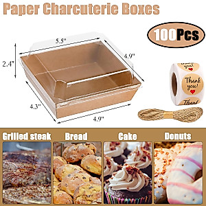 Karasmay 100 Pack Charcuterie Boxes with Clear Lids -Paper Bakery Boxes with Window，Disposable Food Containers Dessert Boxes for Sandwich，Cupcakes, Salads, Strawberries, Cookies and Dessert