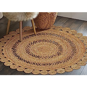 Bedding Craft Hand woven Farmhouse Jute Area Rug 6 Ft Round Natural Yarn, Rustic Vintage Beige Braided Reversible Rug, Eco Friendly Rugs for Bedroom, Kitchen, Living Room, Farmhouse 100% Jute Rug