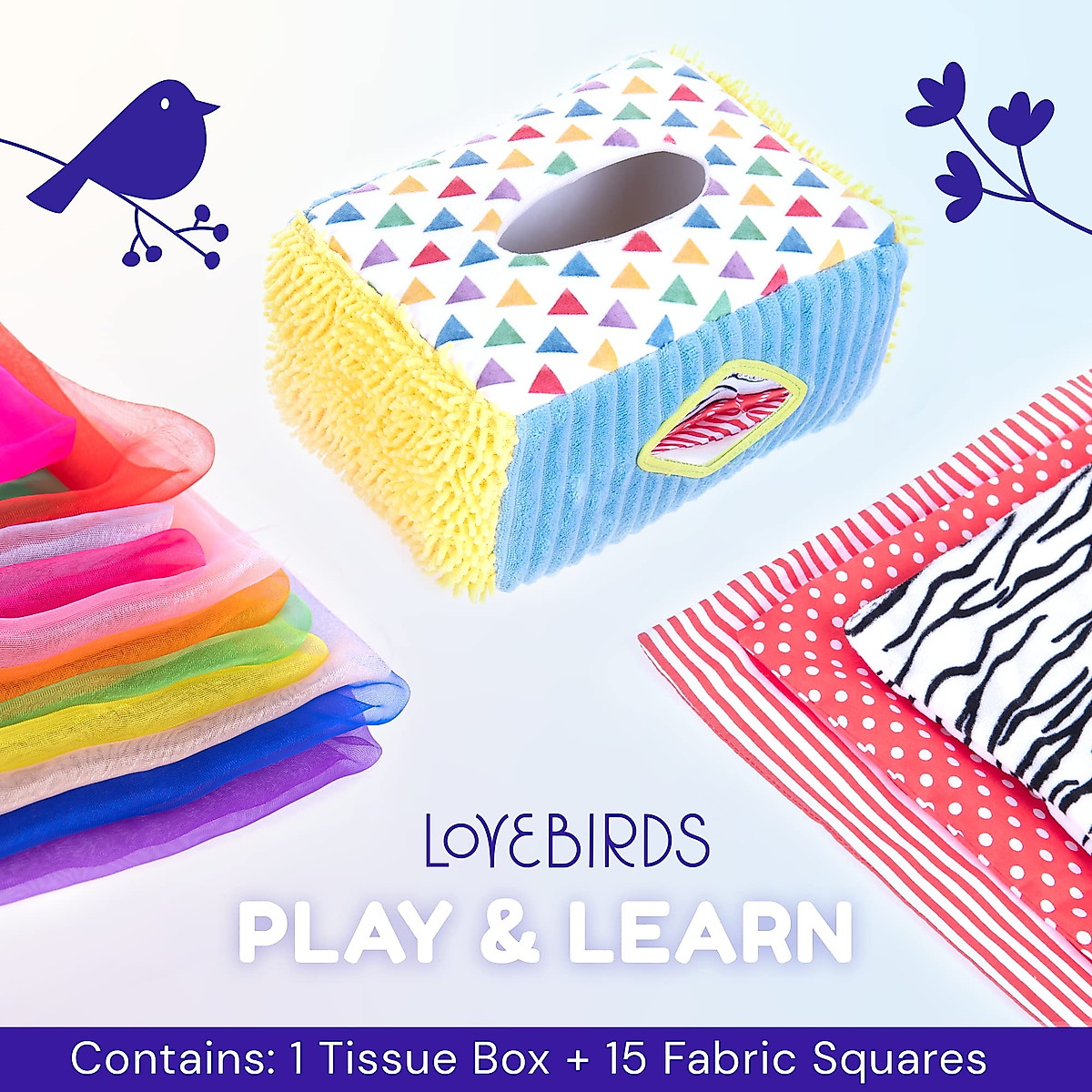 Lovebirds Montessori Sensory Baby Toy Tissue Box-Toddler Infant STEM Cognitive Development-Toddler-Juggling Scarves-Pull Along-Manipulative Preschool Learning Toys-Babies 6-12months