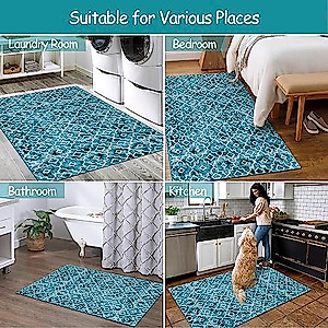 Moynesa Boho 3x5 Area Rug, Modern Washable Teal Kitchen Rugs Non-Slip Entry Throw Rug Laundry Room Rugs Faux Wool Mat Low-Pile Floor Carpet for Entrance Living Room Bedroom Dining