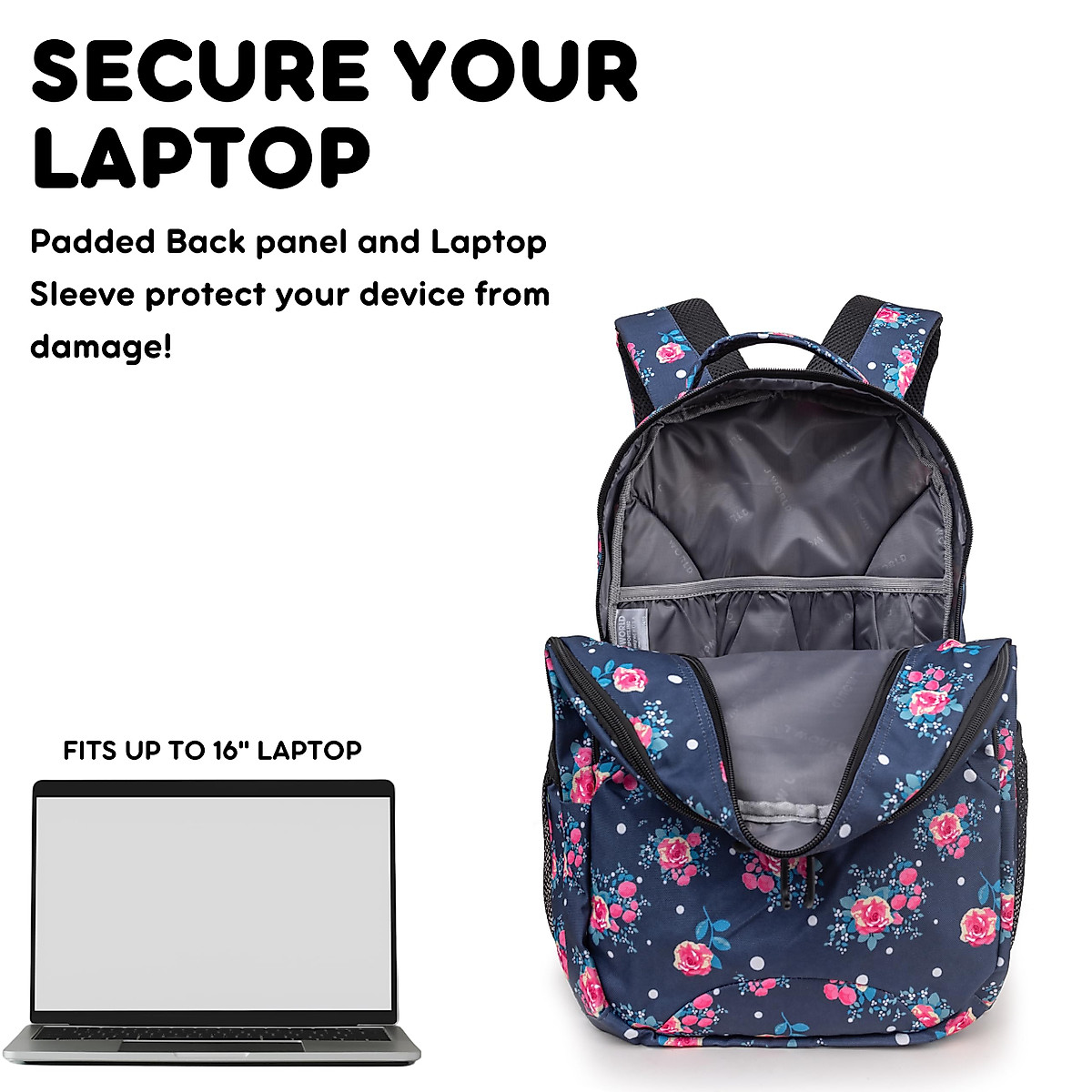 J World New York Cornelia Laptop Backpack School Bookbag, Navy Rose, 18 X 12.5 X 8 (H X W X D)