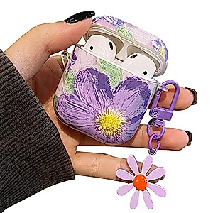 Lovmooful AirPods Case for Airpods 2 & 1, Cute Oil Painting Flower Pattern with Flower Keychain Design Cover for Women Girls Shockproof Protective TPU AirPods 1&2 Charging Case - Purple2