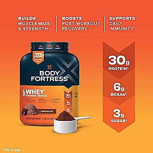 Body Fortress Super Advanced Whey Protein Powder, Chocolate, 60g Protein & 12g BCAAs Per 2 Scoops, Muscle Gain & Recovery, Immune Support with Vitamins C & D, 3.9lbs (Packaging May Vary)