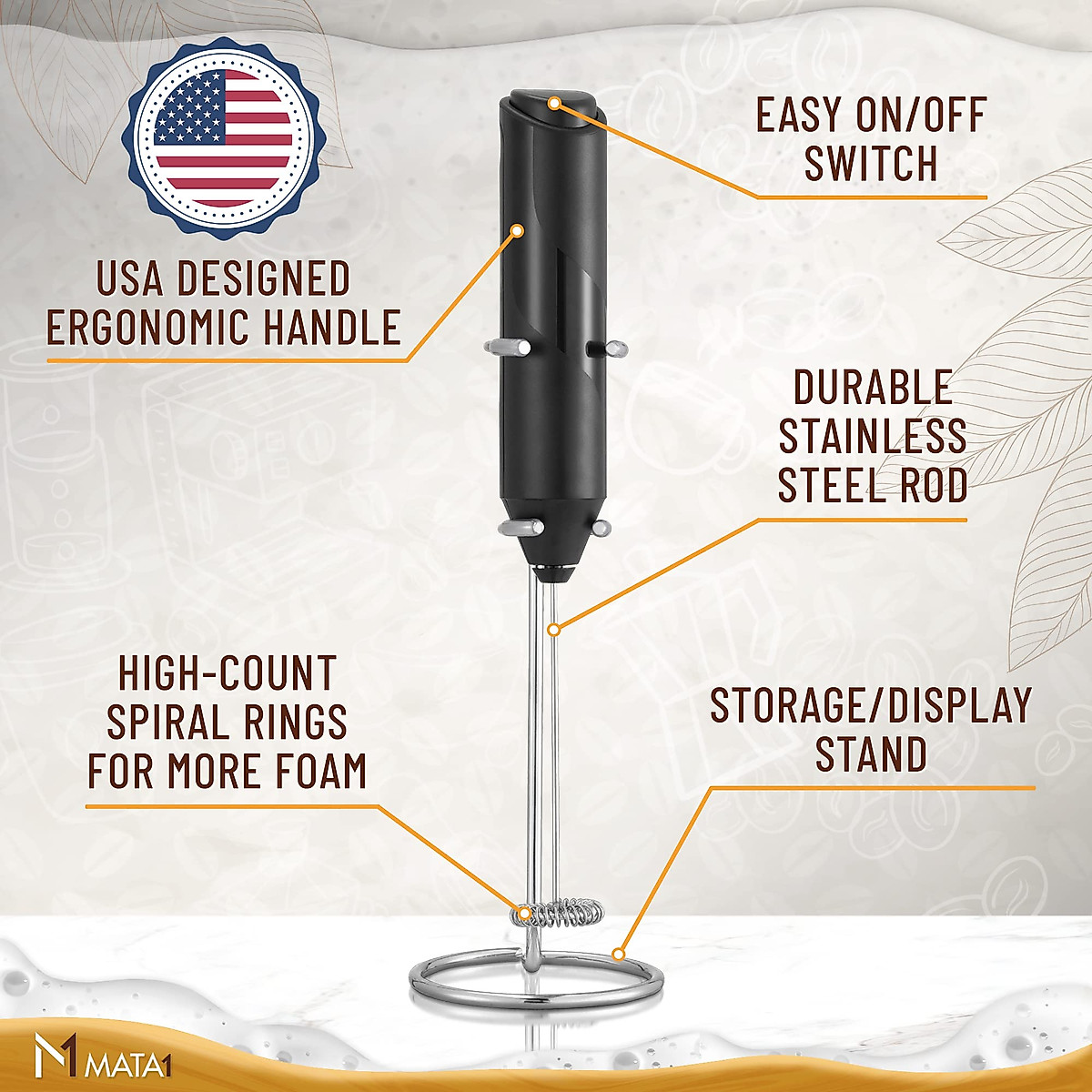Milk Frother for Coffee, Handheld Drink Mixer Electric Whisk with Stand, Mini Stirrer Wand Cappuccino, Frappe, Matcha, Hot Chocolate Foam Maker, Black, by Mata1-USA