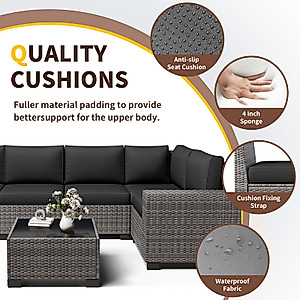 Poteban Outdoor Patio Furniture Set, 8'' Wide armrest Outdoor Sectional Rattan Sofa Set, Wicker Patio Furniture Sets w/Coffee Table,Thick Cushions and Cover for Porch, Balcony,Deck 6 PCS(Grey&Black)