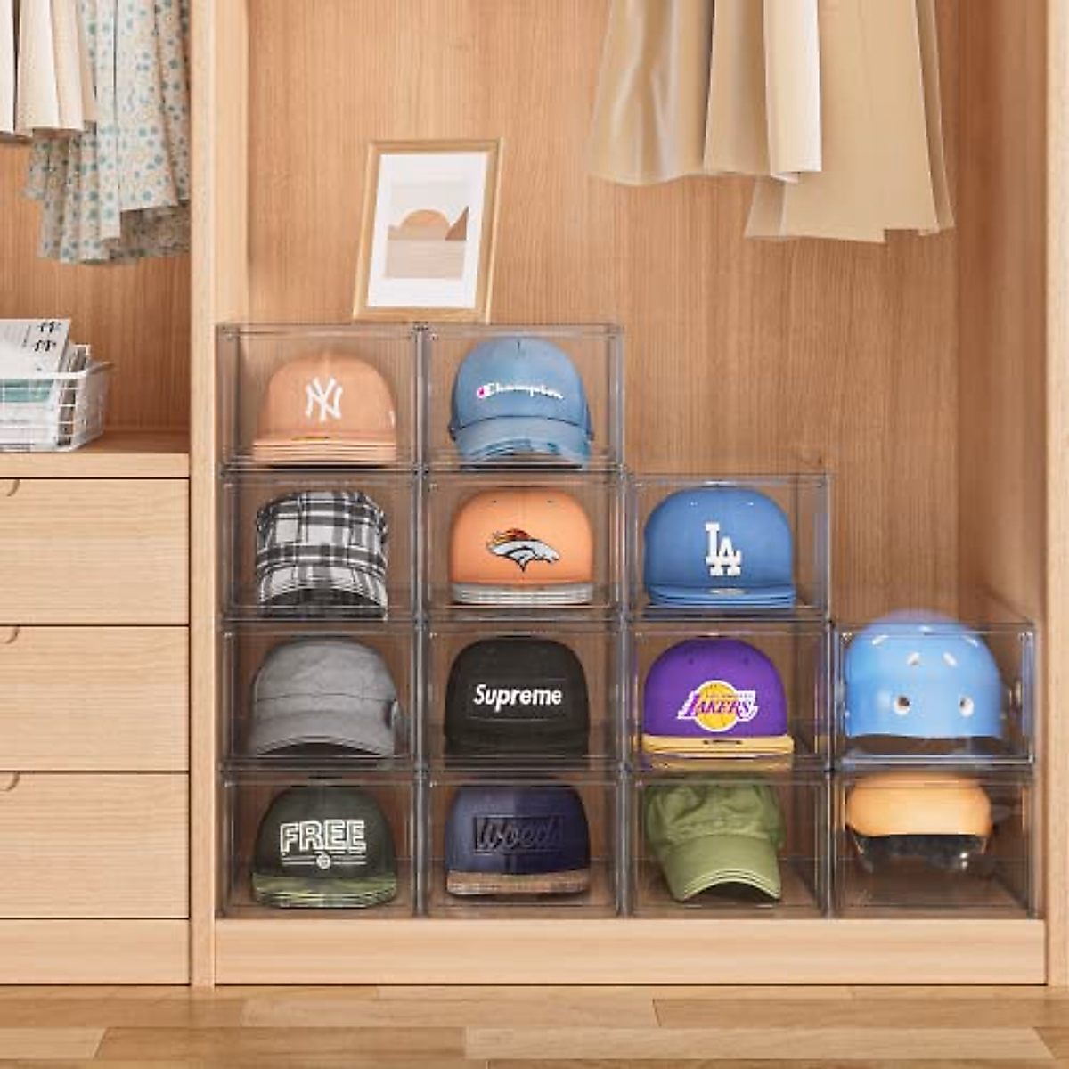Hat Organizer Box for Baseball Caps, 3 Packs Baseball Cap Organizer, Hat Cap Acrylic Display Case, Clear Hat/Cap Storage Organizer for Closet, Baseball Hat Organizer, Stackable Cap Holder Organzier