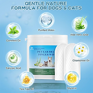 Dog Ear Finger Wipes,Pet Cleaning Ear Wipes for Dogs Cats,Natural Gently Removes Dirt&Odor,Soothes&Deodorizes-Relieve Ear Itching&Inflammation,Fresh Scent Easy Pet Ear Wipes (50)