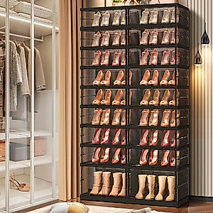 CIMLORD 9-Tier Foldable Shoe Rack for Closet Entryway 18-36Pairs,Stackable Clear Shoe Storage Boxes Organizer with Door Plastic Shoe Cabinet Bins with Lids Shoes Shelf Easy Assembly Large Black