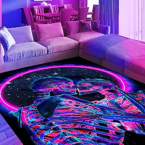 EISKBC Blacklight Kiss Skull Area Rug, Neon UV Reactive Couple Skeleton Throw Rug, Romantic Fluorescent Luminous Floor Mat Carpet, Glow in The Dark Decor for Bedroom Lover GFT 70x47inch