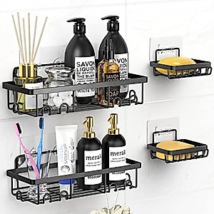 MOKANI Shower Caddy Basket Shelf with Soap Dishes-4 Packs,No Drilling Adhesive Shower Caddy Shelf Organizer with Hooks,Rustproof Bathroom Shelf for Bathroom Kitchen