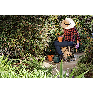 ONIVA - a Picnic Time brand Gardener Folding Seat with Tools, Garden Stool with Detachable Storage Tote Bag, Portable Chair Seat with Garden Tools Set Organizer, Olive Green with Beige Accents