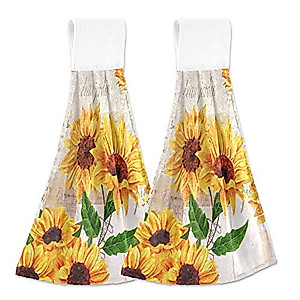 Bolaz Vintage Sunflower Hanging Kitchen Towel Yellow Floral Flowers Hand Towel 2 Pcs Absorbent Hanging Tie Towels for Bathroom Laundry Room Kitchen 12 x 17 Inches