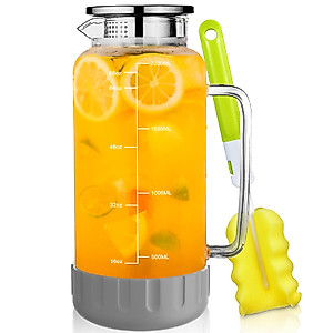 Glass Pitcher with Lid, 68oz Water Pitcher with Silicone Base and Precise Scale Line, Ice Tea Pitcher for Fridge, Anti-Slip and Easy to Clean, Glass Jug for Sun Tea Juice Coffee Milk Beverage (Gray)