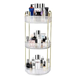 360° Rotating Makeup Organizer, Bathroom Makeup Carousel Spinning Holder Rack, Large Capacity Cosmetics Storage Box Vanity Shelf Countertop, Fits Cosmetic, Perfume (Transparent 3 Layers)