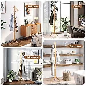 FILWH Bamboo Coat Rack Freestanding Adjustable Coat Tree with 3 Sections & 8 Hooks Easy to Assemble Coat Hanger Stand for Bedroom Office Hallway Entryway Bedroom Coat Rack（Natural）